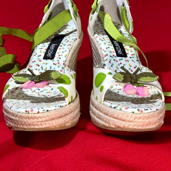 kenzie | Shoes | Kenzie Polka Dot White Pink Green Wedge Tie Heel 6 ...